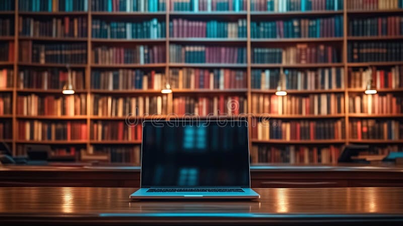 Library Desk with Books and Laptop Representing Education Technology ...