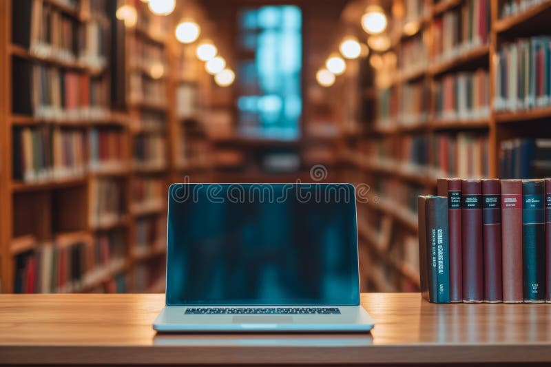 Library Desk with Books and Laptop Representing Education Technology ...