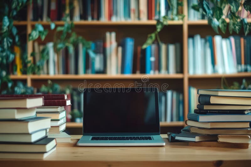 Library Desk with Books and Laptop Representing Education Technology ...