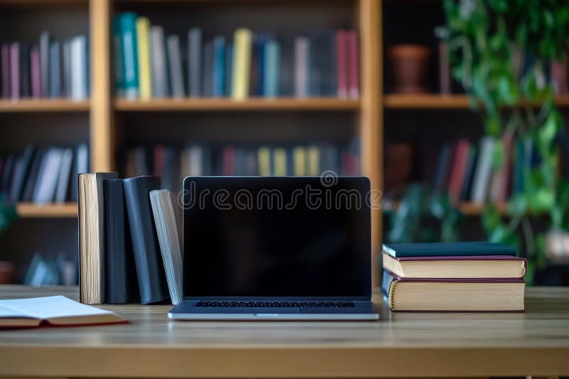 Library Desk with Books and Laptop Representing Education Technology ...