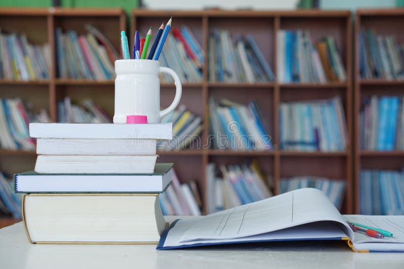 Books on the Desk in the School Library. Stock Image - Image of paper ...