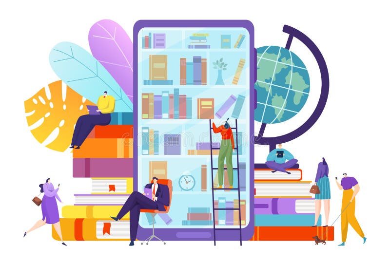Library with Digital Book Technology, Vector Illustration. Online ...