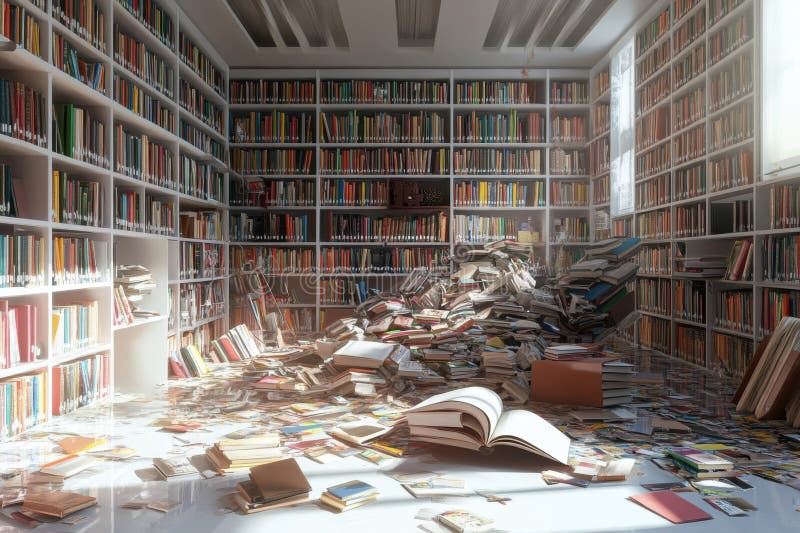 Library in Disarray after a Recent Storm Leaving Books Scattered on the ...