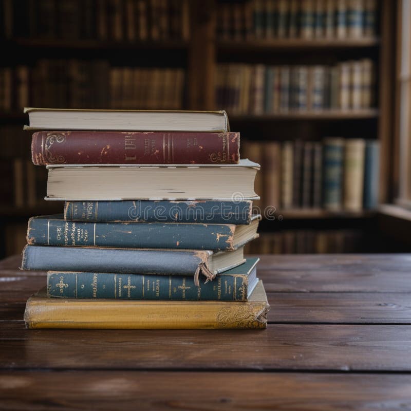 Library Essentials Stack of Books Over Wooden Table for Education Stock ...