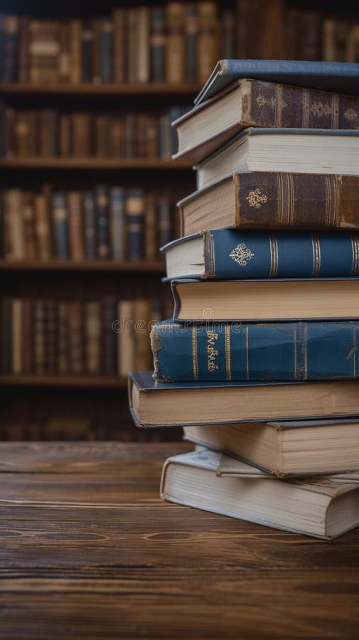 Library Essentials Stack of Books Over Wooden Table for Education Stock ...