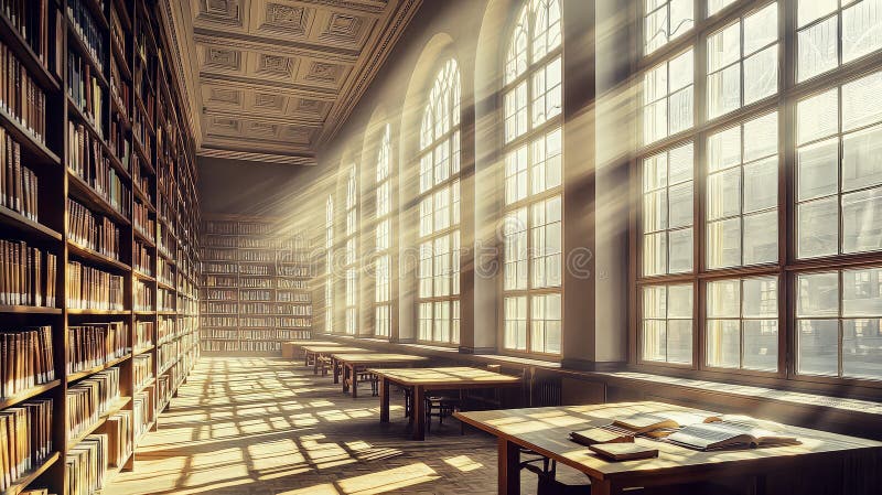 Sunlight Streaming through Library Windows Stock Photo - Image of books ...