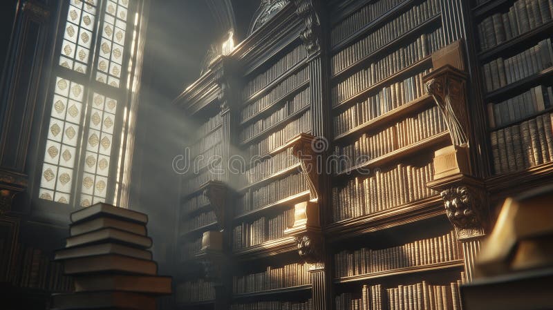Library Filled with Sunlight Streaming through Tall Windows Stock Photo ...
