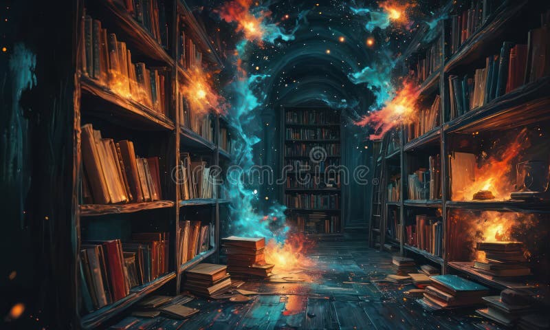 A Library with a Fire Burning in the Middle of it. Stock Illustration ...
