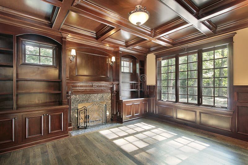 Elegant Library with Black Fireplace Stock Image - Image of decor ...