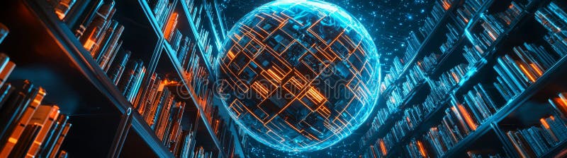 A Library of the Future Features a Radiant Globe Overflowing with Books ...