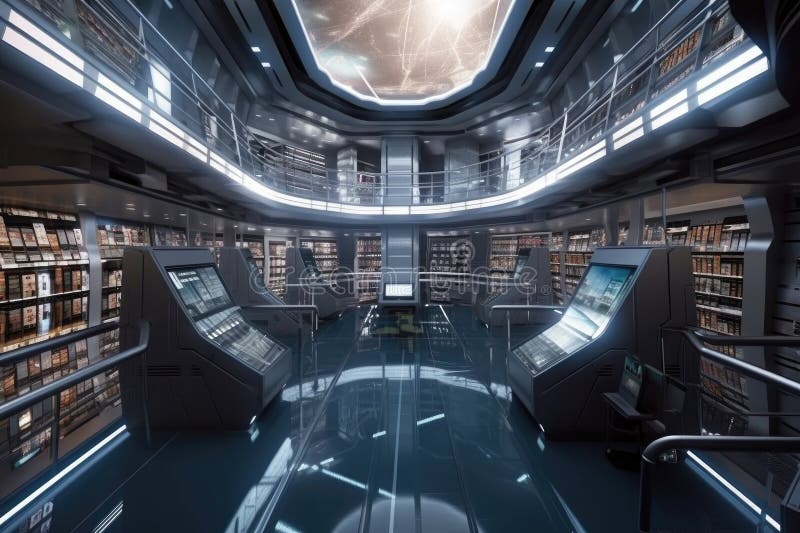 Library in Futuristic Space Station, Filled with Advanced Technologies ...