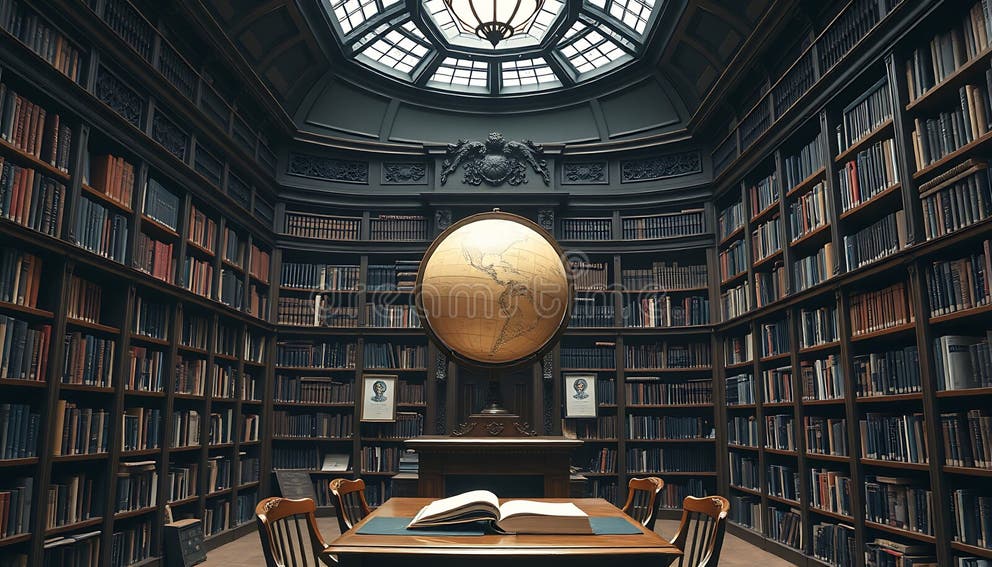 Library with Globe Chandelier, Representing Knowledge, Reading, and ...