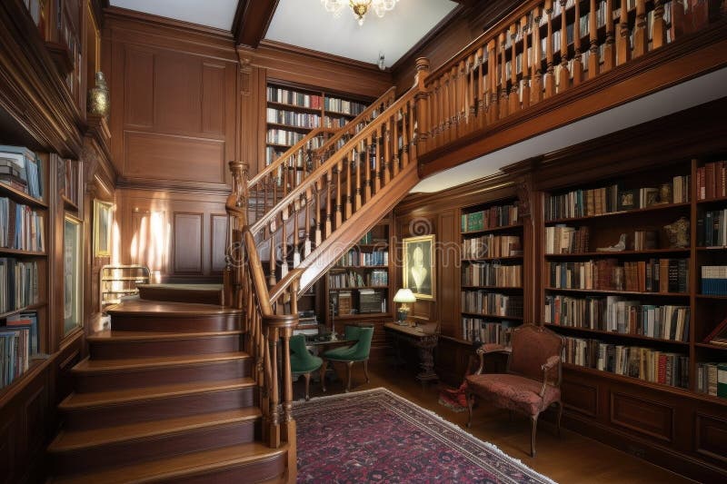 Library with Grand Staircase, Leading To Second Floor Stock ...