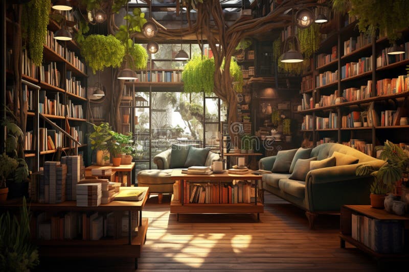 Library with a Green Sofa, a Coffee Table and a Bookcase - Ai Generated ...