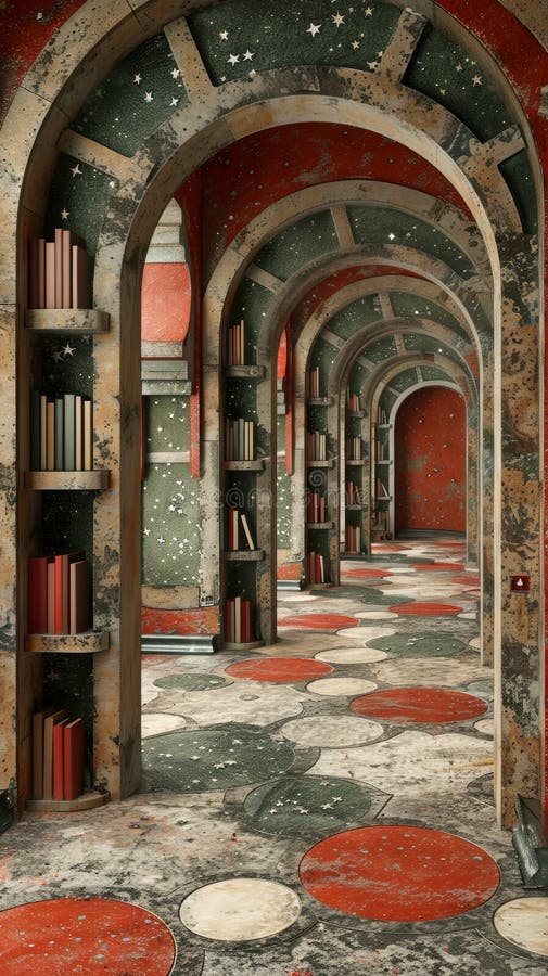 Library Hallway with a Blend of Retro and Futuristic Elements ...
