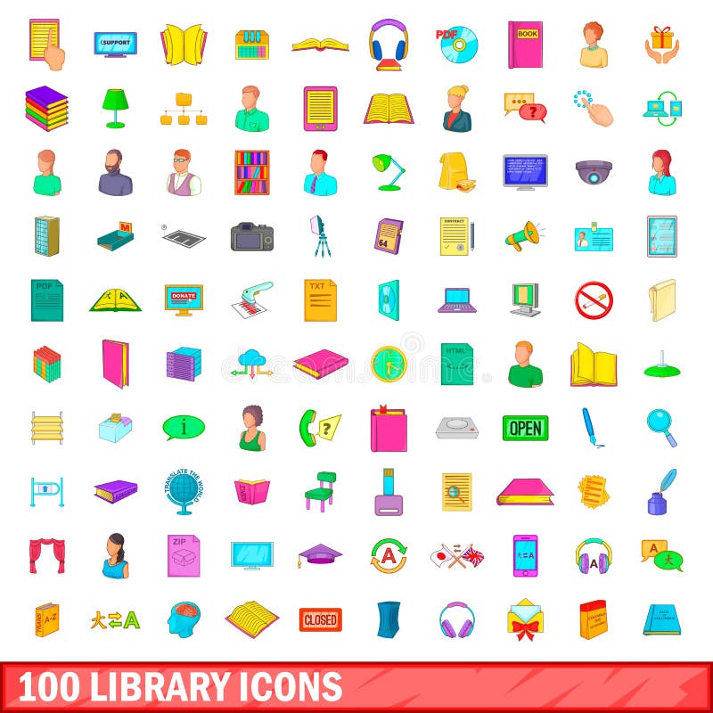 100 Library Icons Set, Cartoon Style Stock Vector - Illustration of ...