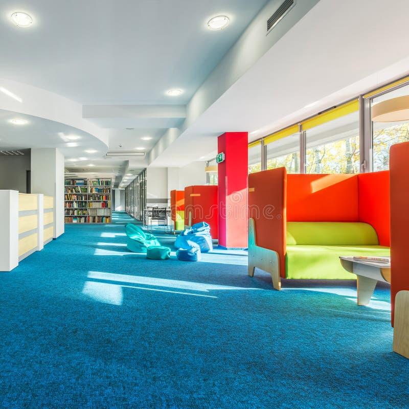 Colorful Library with Computer Workstation Stock Image - Image of ...