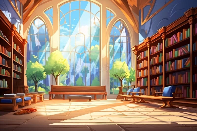 Library Interior with Bookshelf and Large Windows Illustration AI ...