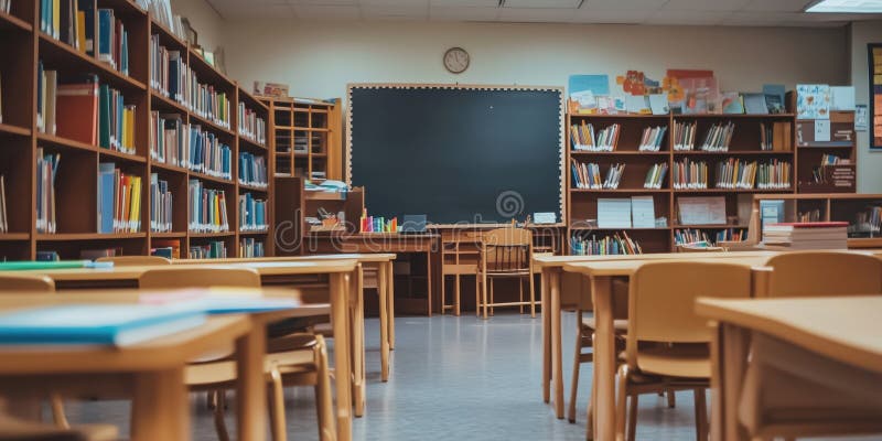 Library Interior with Bookshelves, Empty Tables, and Blackboard ...