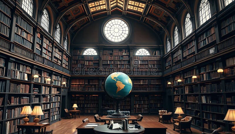 Library Interior with Bookshelves and Globe Knowledge Space Generative ...
