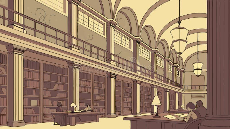 Library Interior with Bookshelves and Lamps, Classic Study Scene Vector ...