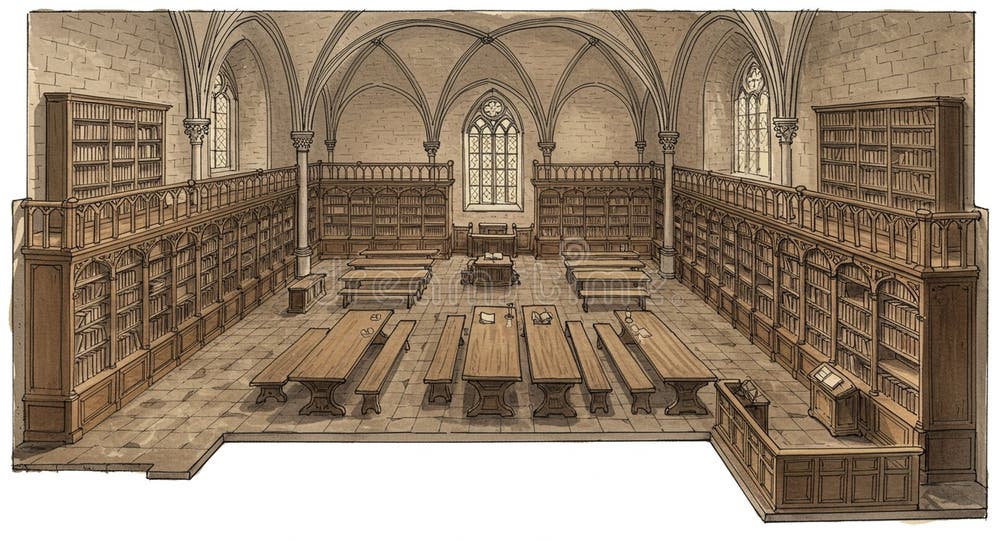 Library Interior with Gothic Architecture, Featuring Pointed Arches and ...