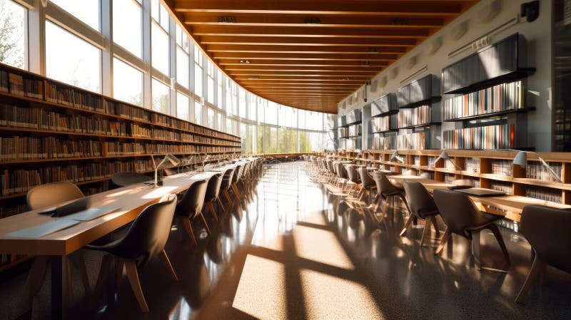 Library Interior with Long Tables, Chairs and a Quiet Atmosphere. AI ...