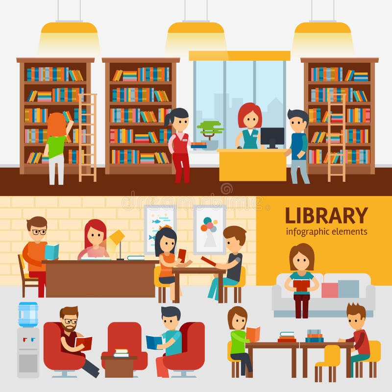 Library Interior with People, Reading Books Infographic Elements. Stock ...