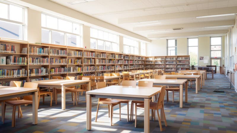 A Library Interior with Rows of Books and Reading Tables Stock ...
