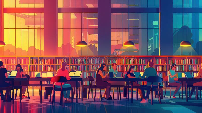 Library Interior, Students Studying, Flat Design Illustration Stock ...