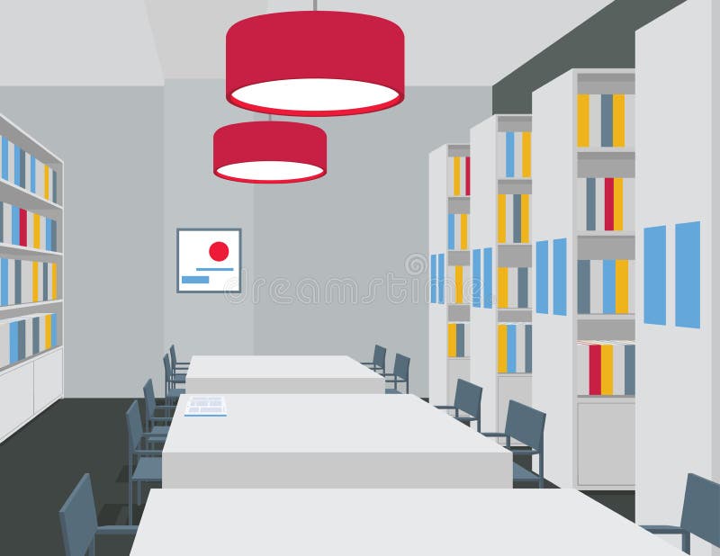 Library Interior with Tables, Chairs, Bookcases, Lights. Perspective ...