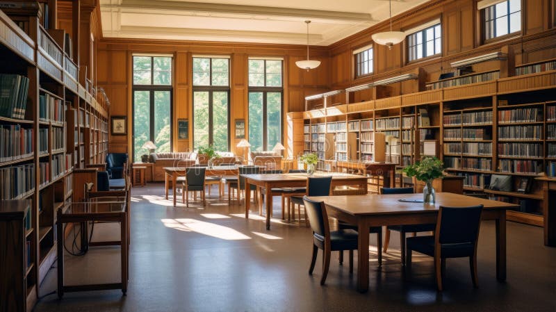 A Library Interior with Wooden Bookcases and Study Tables Stock ...