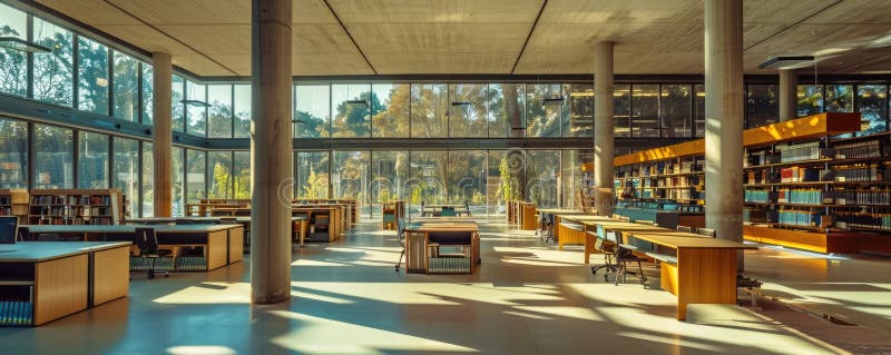 Library Interior with Wooden Tables, Large Windows, Serene Study Space ...
