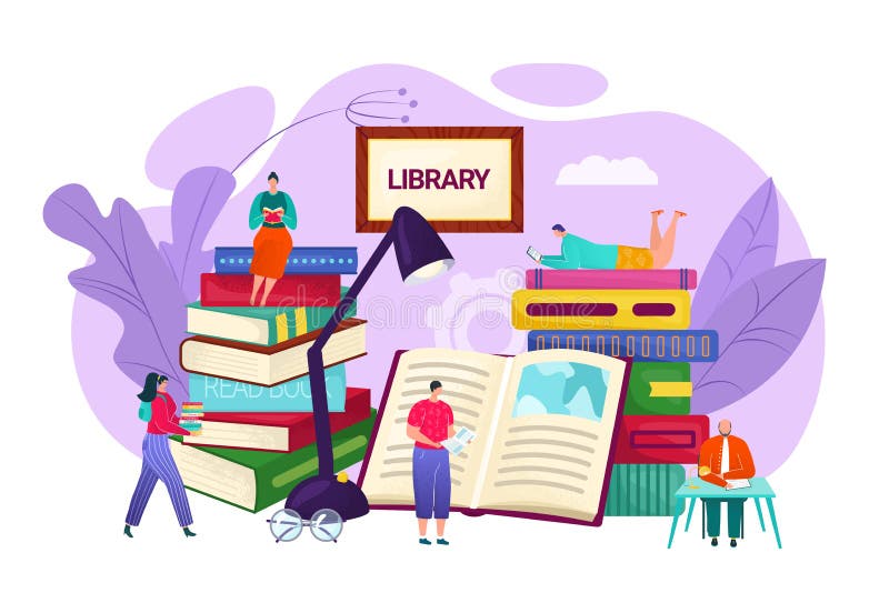 Library and Knowledge Concept, Vector Flat Illustration. Tiny People ...
