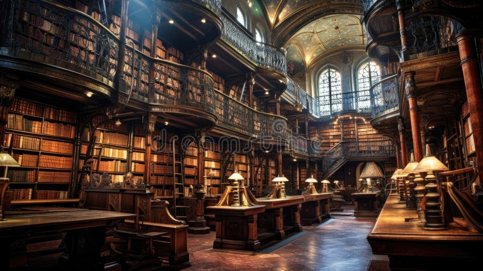 Library with a Large Collection of Books with Medieval Style Interior ...