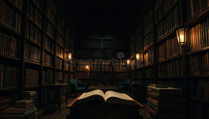 Library with a Large Open Book on a Table Stock Image - Image of read ...