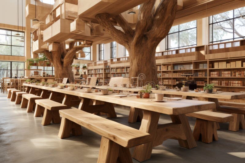A Library with a Large Tree in the Middle, AI Stock Image - Image of ...