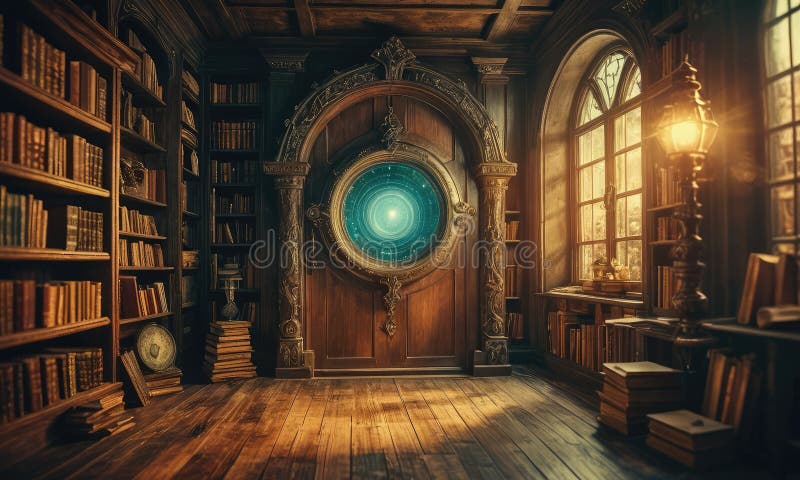 A Library with a Large Window and a Door with a Large Round Window in ...