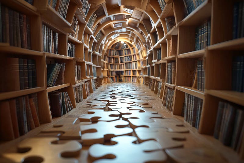 A Library with a Long Aisle of Books and a Puzzle on the Floor Stock ...