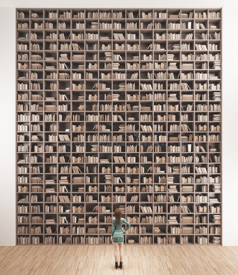 Library with a Lot of Books and Woman, 3d Render Stock Illustration ...