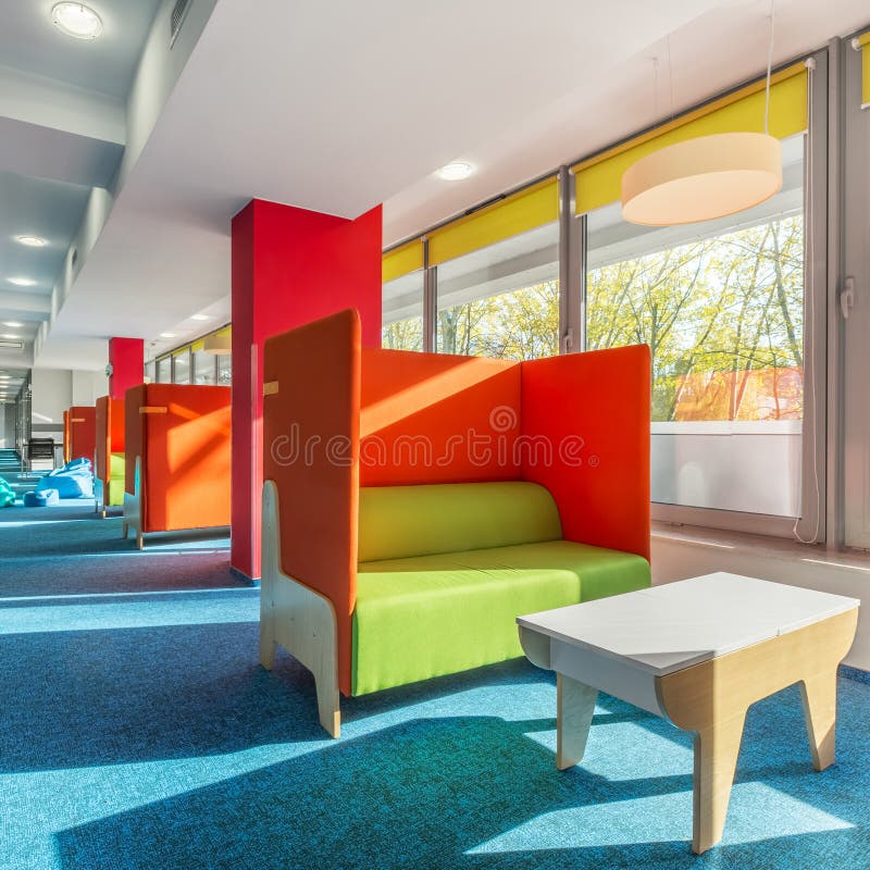 Colorful Library with Computer Workstation Stock Image - Image of ...