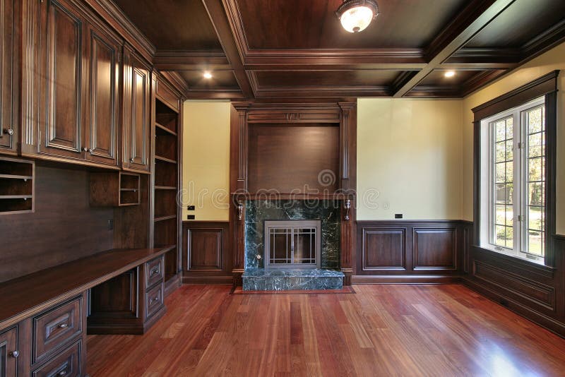Library with Cherry Wood Paneling Stock Photo - Image of room, estate ...