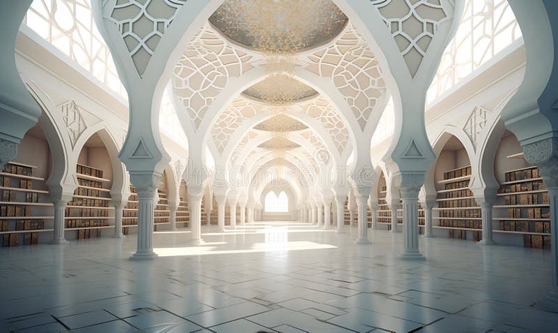 Library with a Magnificent White Interior and Typical Islamic Ornaments ...