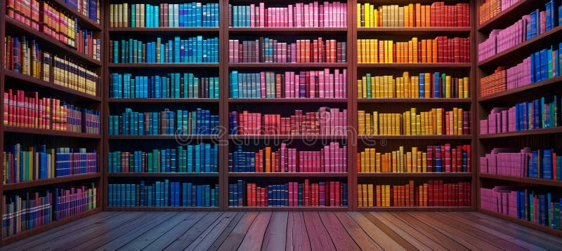 Library with Many Colorful Books in Front of Bookshelves Stock Photo ...