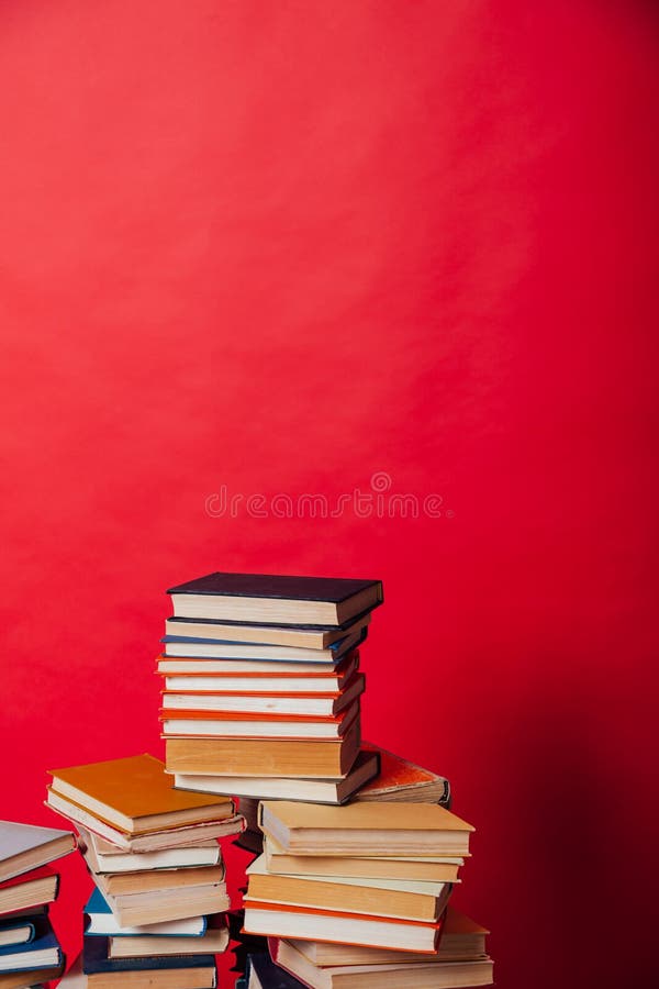 Library of Many Different Educational Books on a Red Background Stock ...