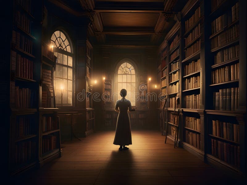 Library at Night, 3D Rendering Illustration Stock Illustration ...