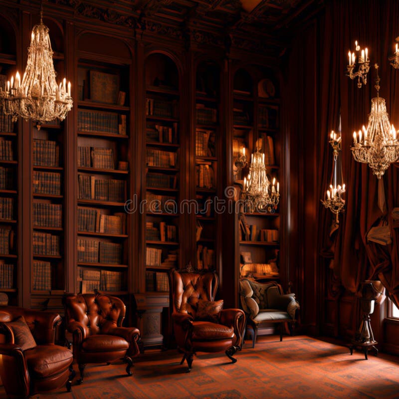 Library at Night with Minimal Lighting Stock Illustration ...