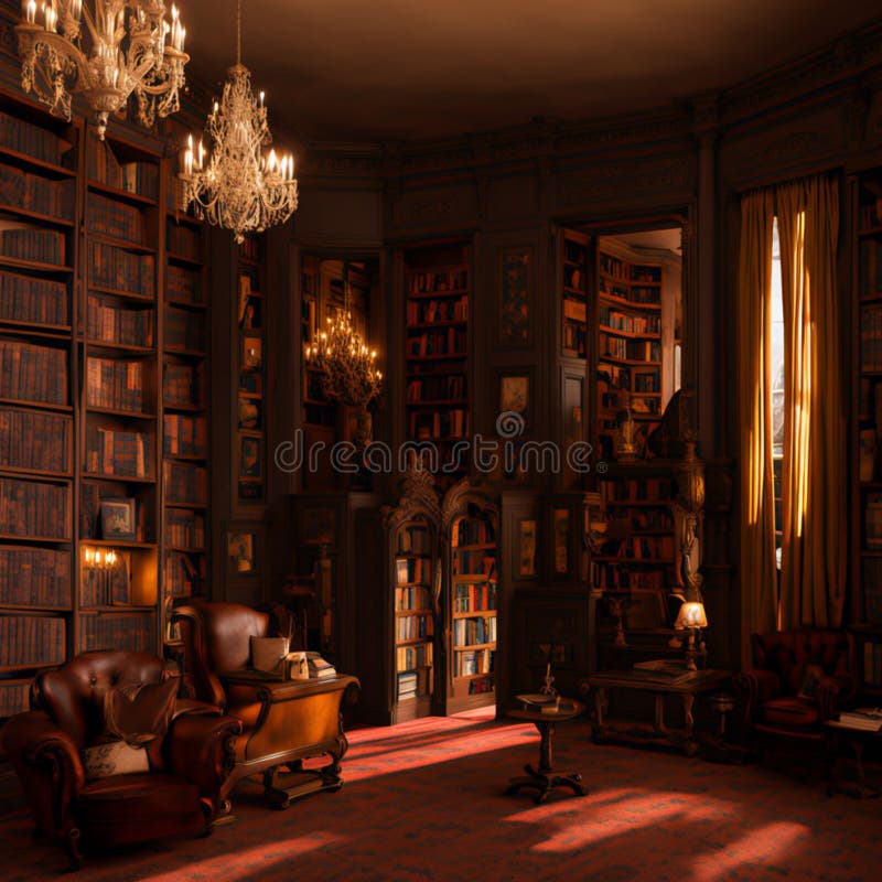 Library at Night with Minimal Lighting Stock Illustration ...