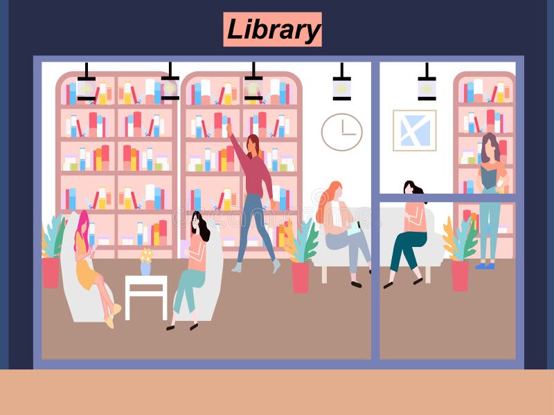 Library with People Reading Books, Vector Graphics Stock Vector ...