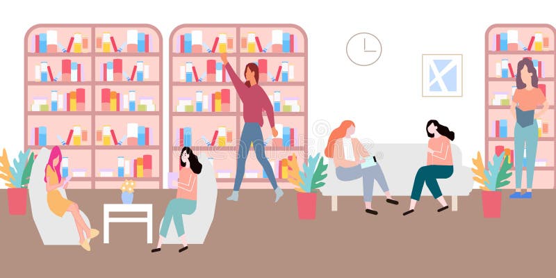 Library with People Reading Books, Vector Graphics Stock Vector ...